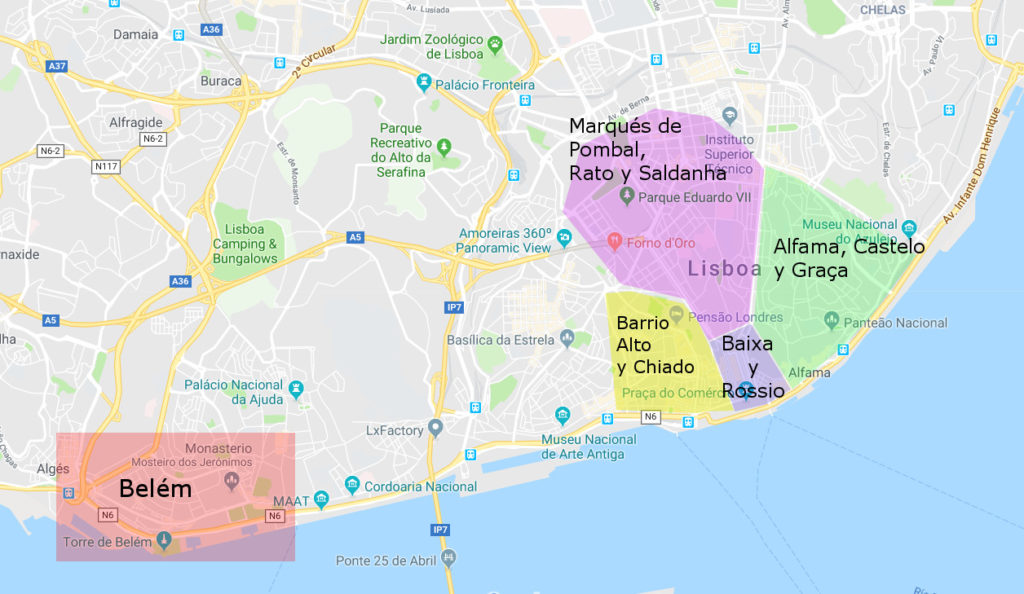 Barrios de Lisboa - Mapa de las zonas de Lisboa más importantes